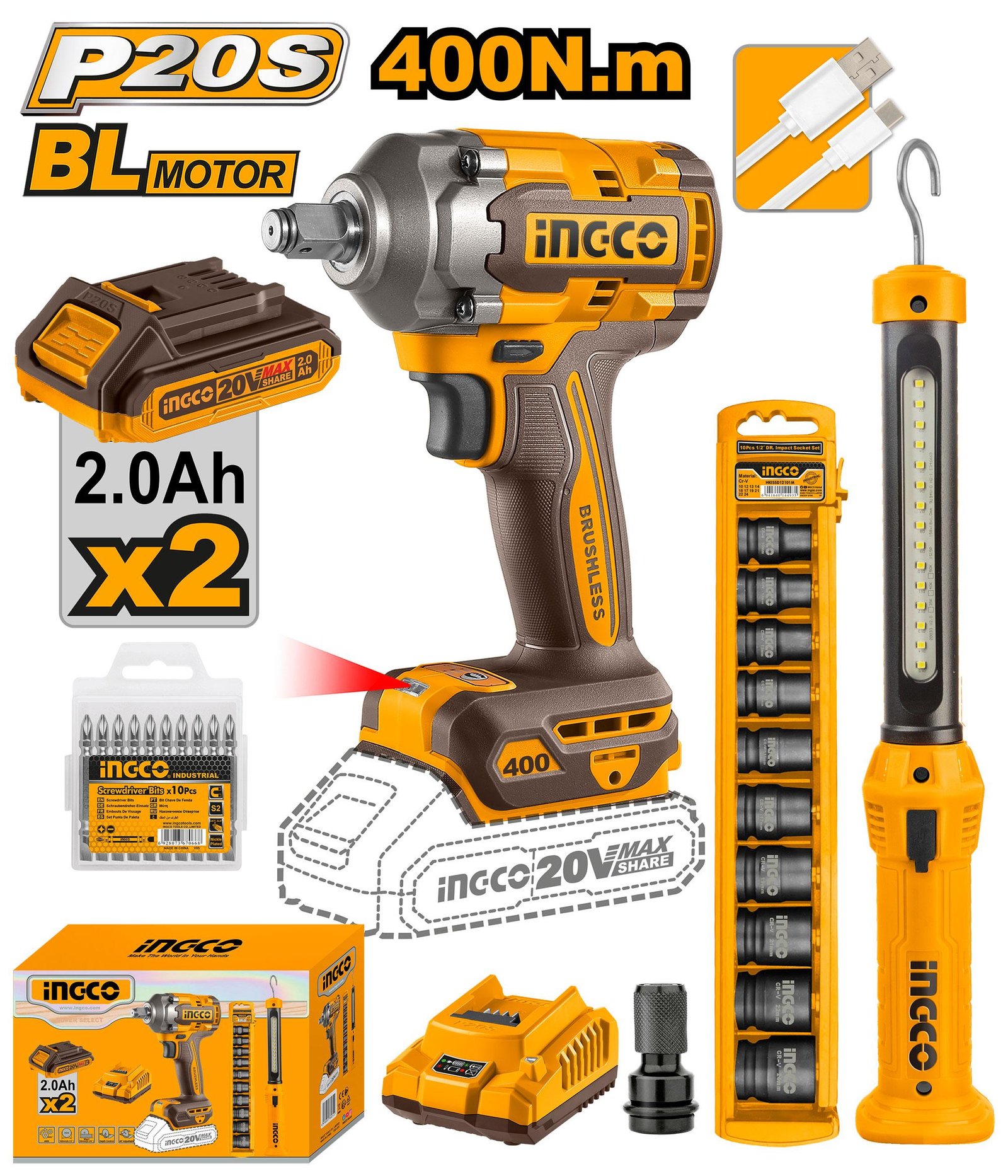 Special – Ingco Cordless Impact Wrench 400Nm & Work Lamp Combo kit ...